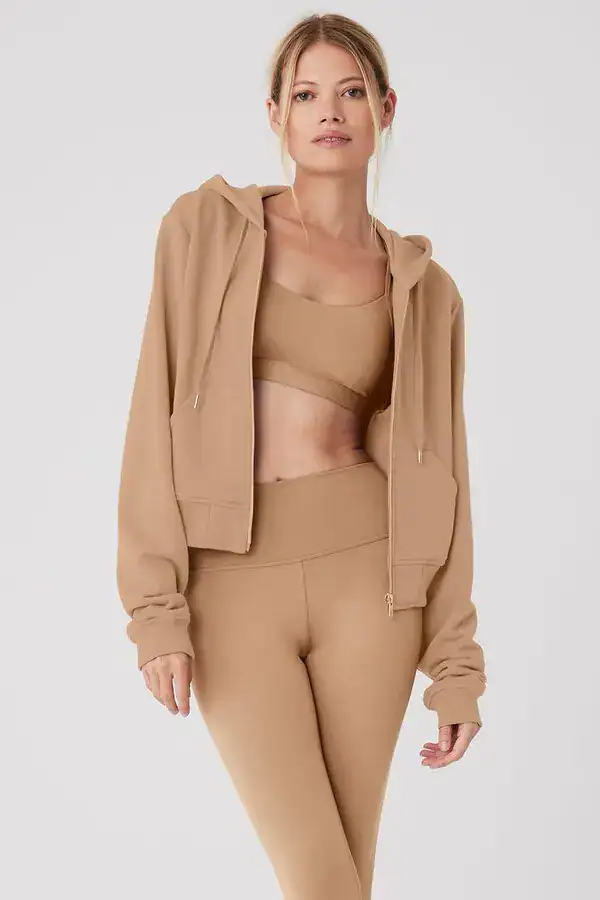 Alo Yoga Routine Cropped Zip Hoodie - Toasted Almond | Editorialist